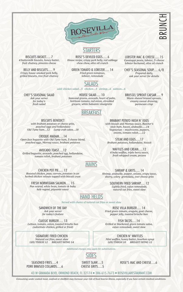 Menu at Rose Villa Restaurant, Southern Table and Bar, Ormond Beach