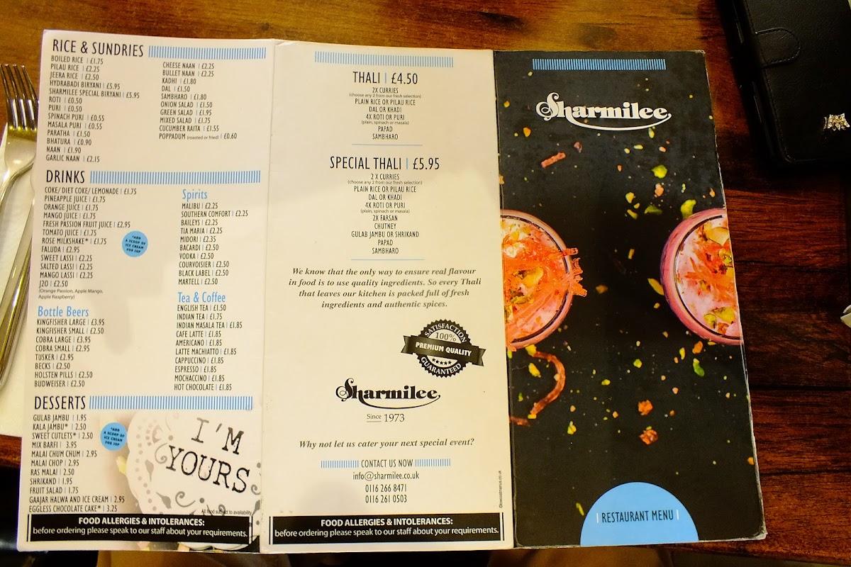 Menu at Sharmilee restaurant, Leicester