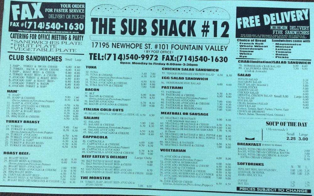 Menu at Sub Shack restaurant, Fountain Valley