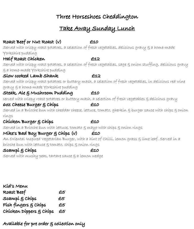 Menu at Three Horseshoes Cheddington pub & bar, Cheddington, 13 ...