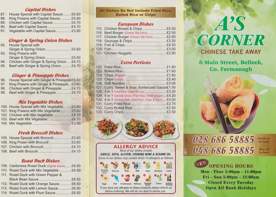 Menu at A's Corner Chinese Restaurant, Belleek
