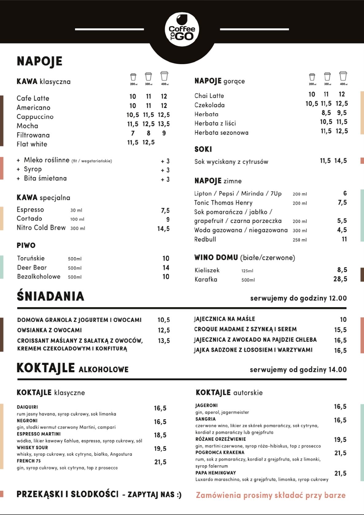 Menu at Coffee To Go restaurant, Torun, Jurija Gagarina 152