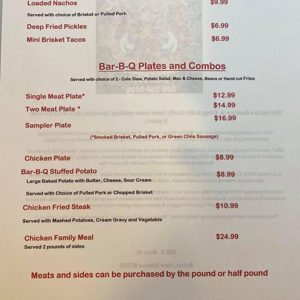 Menu at Greg's BBQ, Belen, 629 S Main St