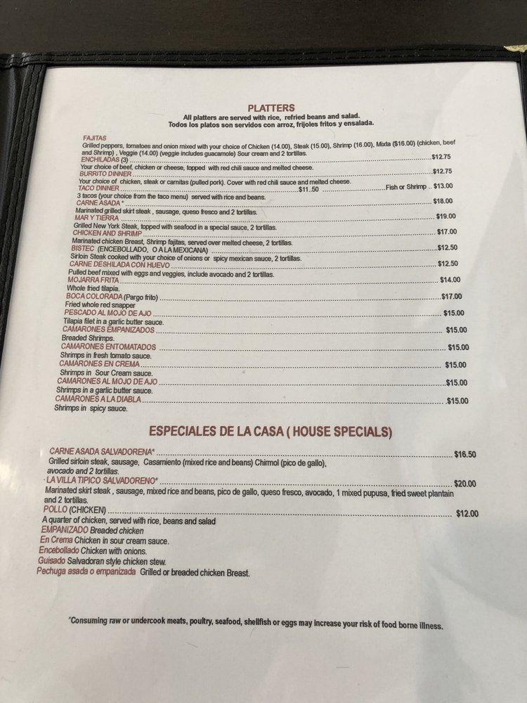 Menu at La Villa Mexican and Salvadoran Food restaurant, South Orange