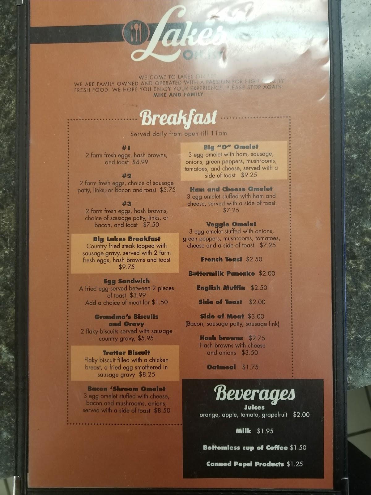 Menu at Lakes On 1st restaurant, New Ulm