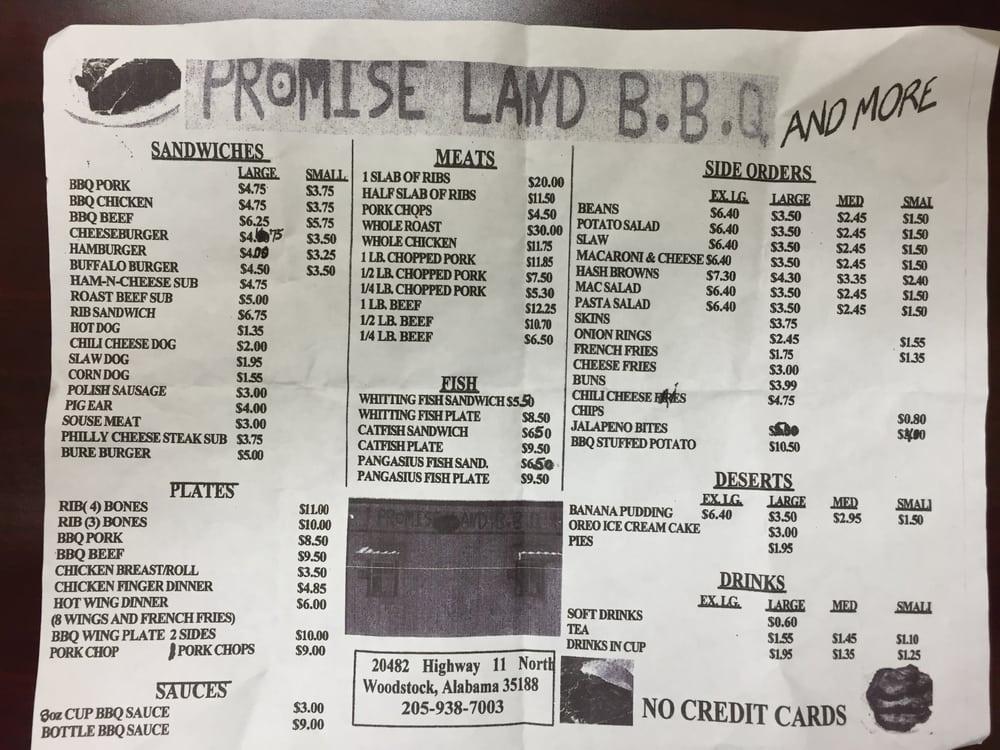 Menu at Promise Land B.B.Q BBQ, Woodstock