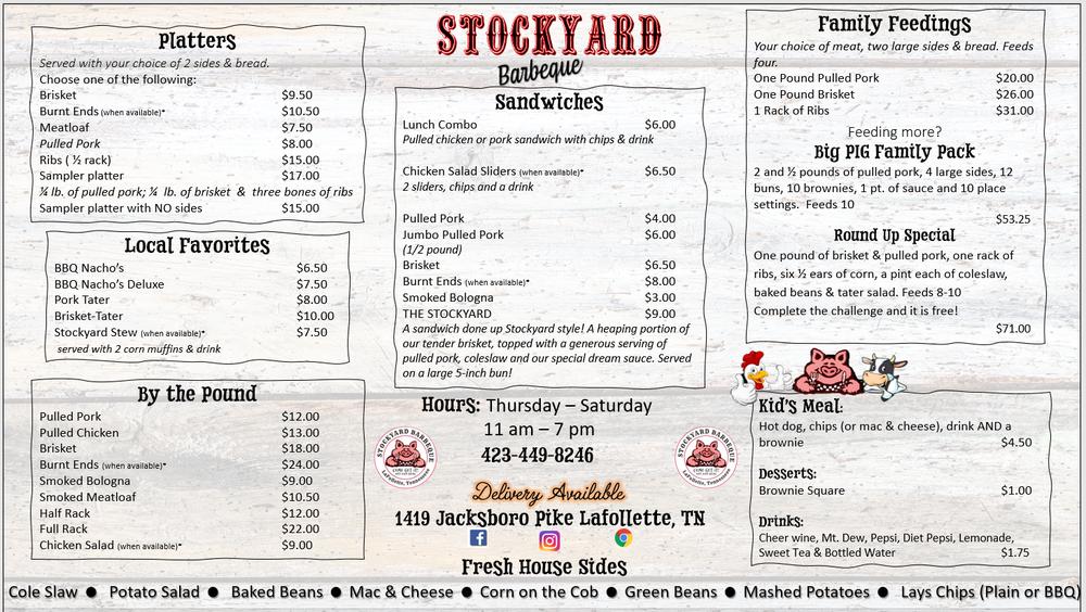 Menu at STOCKYARD BBQ, LaFollette