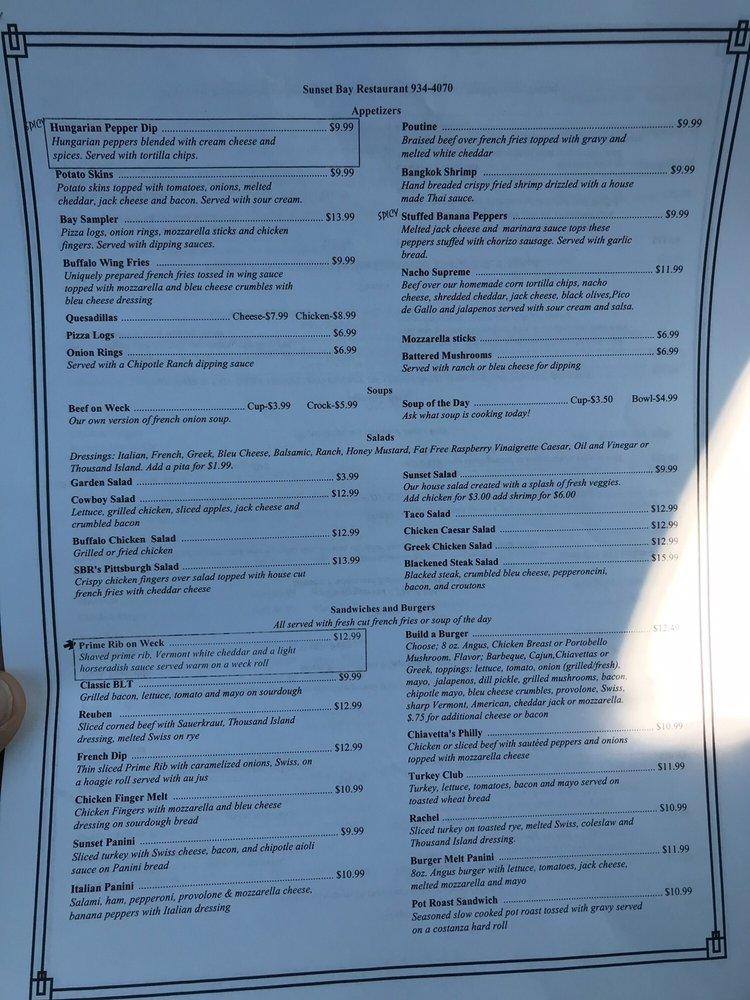 Menu at Sunset Bay Restaurant, Irving, 954 Main Rd