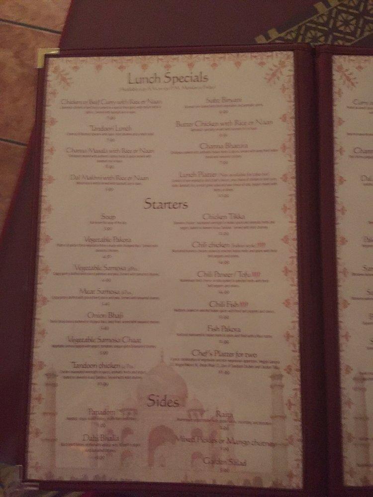 Menu at Taj Mahal restaurant, Moncton
