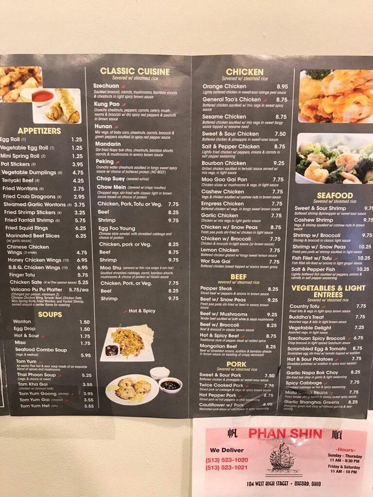 Menu at Phan Shin Restaurant, Oxford