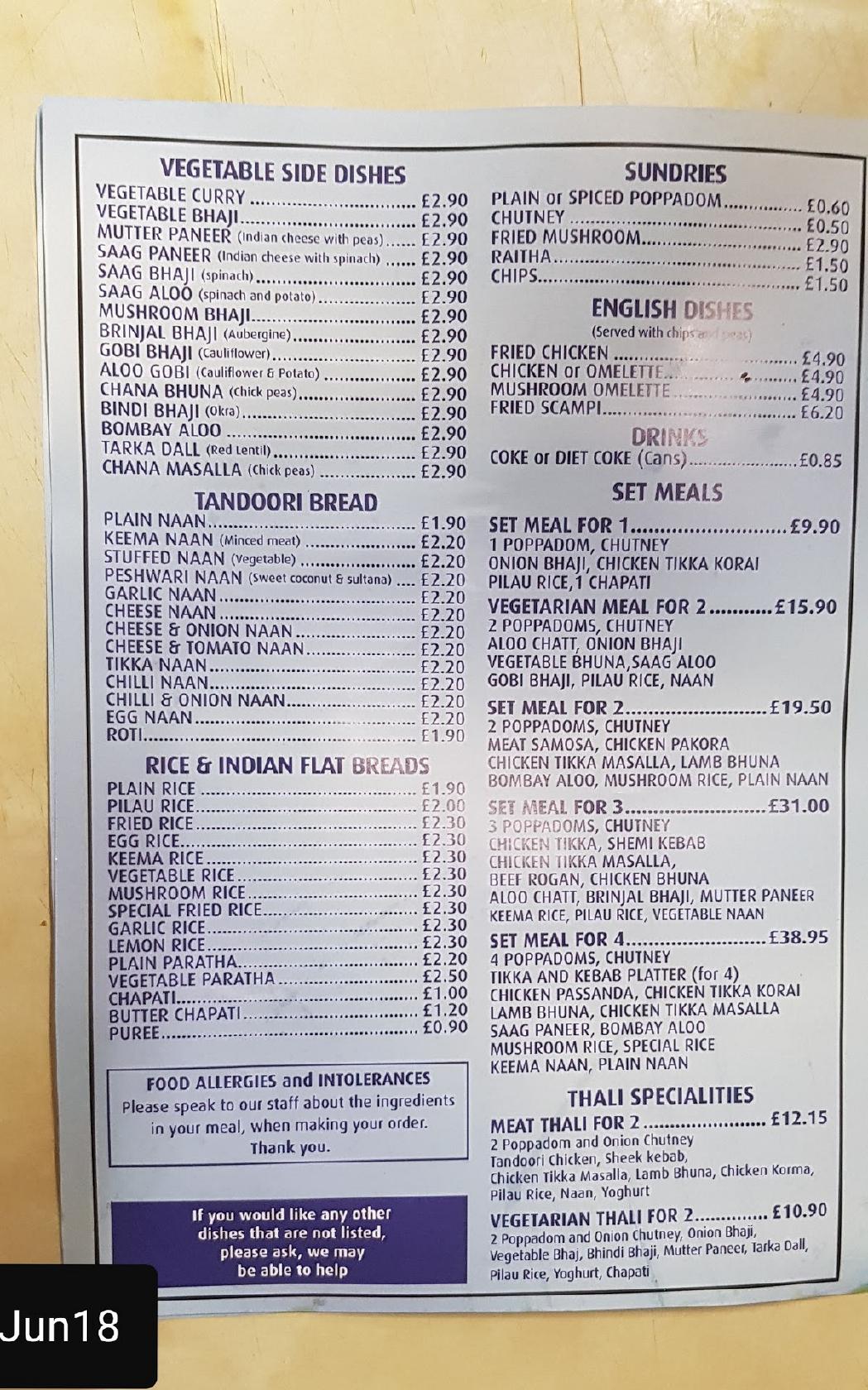 Menu at Saagar Indian Takeaway fast food, Grantham