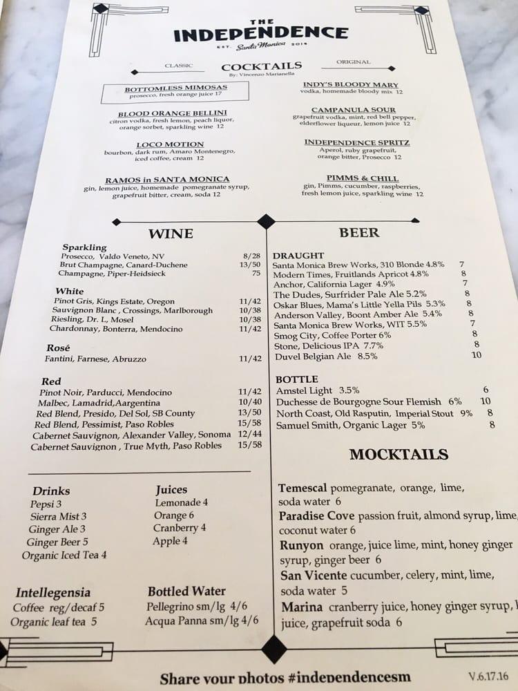 Menu at The Independence restaurant, Santa Monica