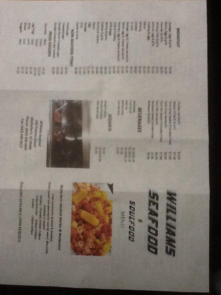 Menu at Williams Seafood restaurant, Walterboro
