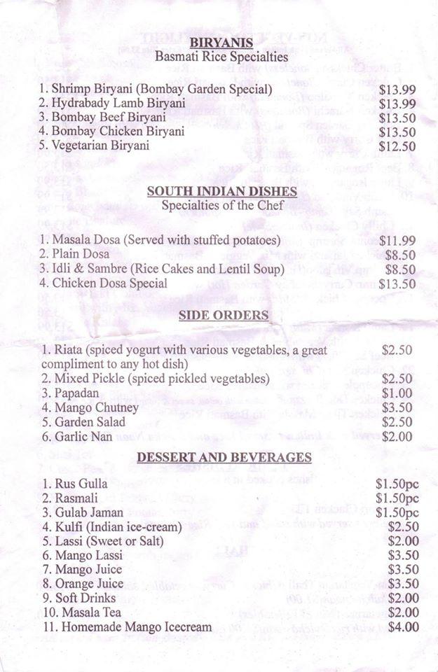 Menu at Bombay Garden Indian Cuisine restaurant, Ottawa