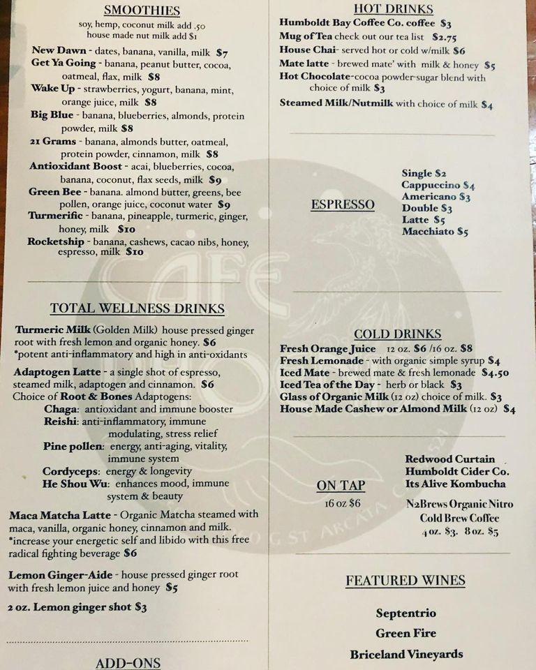 Menu at Cafe Phoenix, Arcata