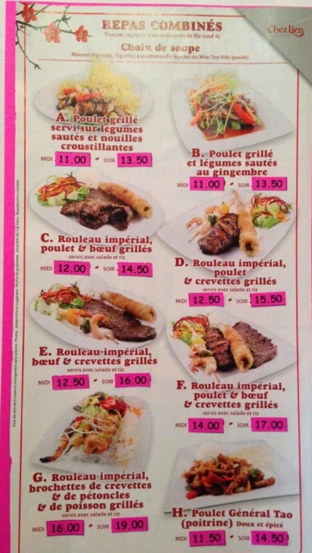 Menu at Chez Lien restaurant, Laval, Bd Curé-Labelle