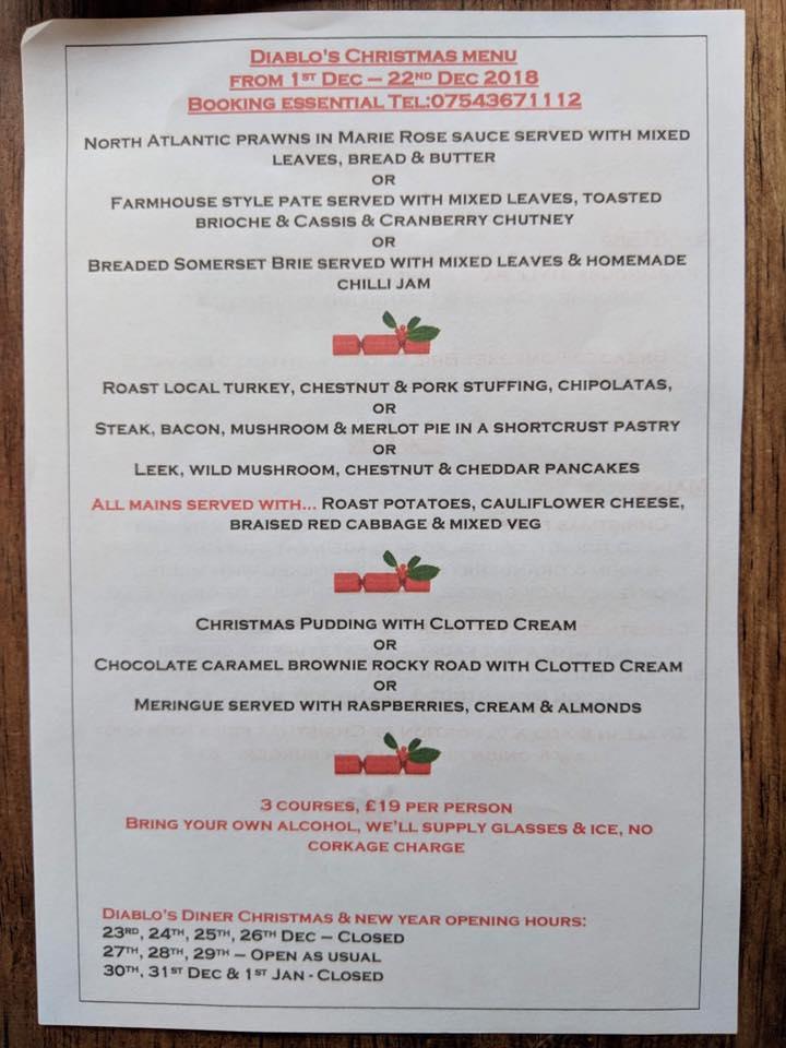 Menu at Diablo's Diner restaurant, Ashburton