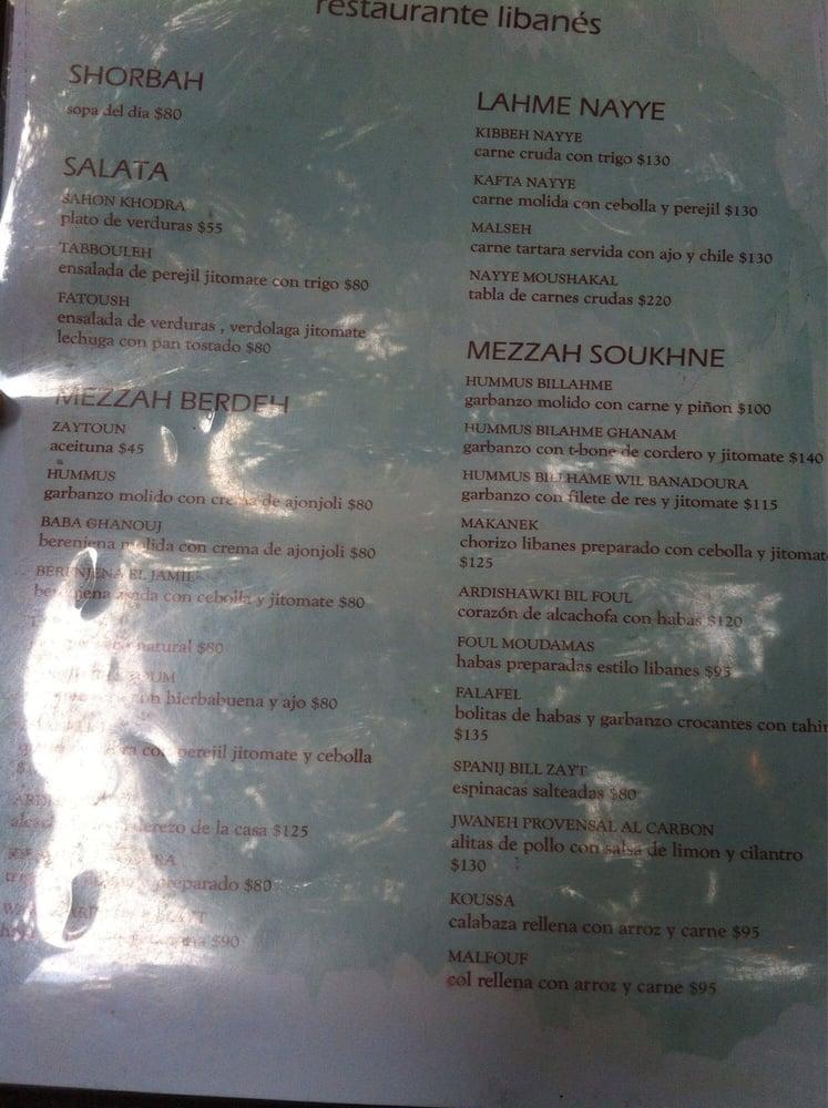 Menu at El Jamil restaurant, Mexico City