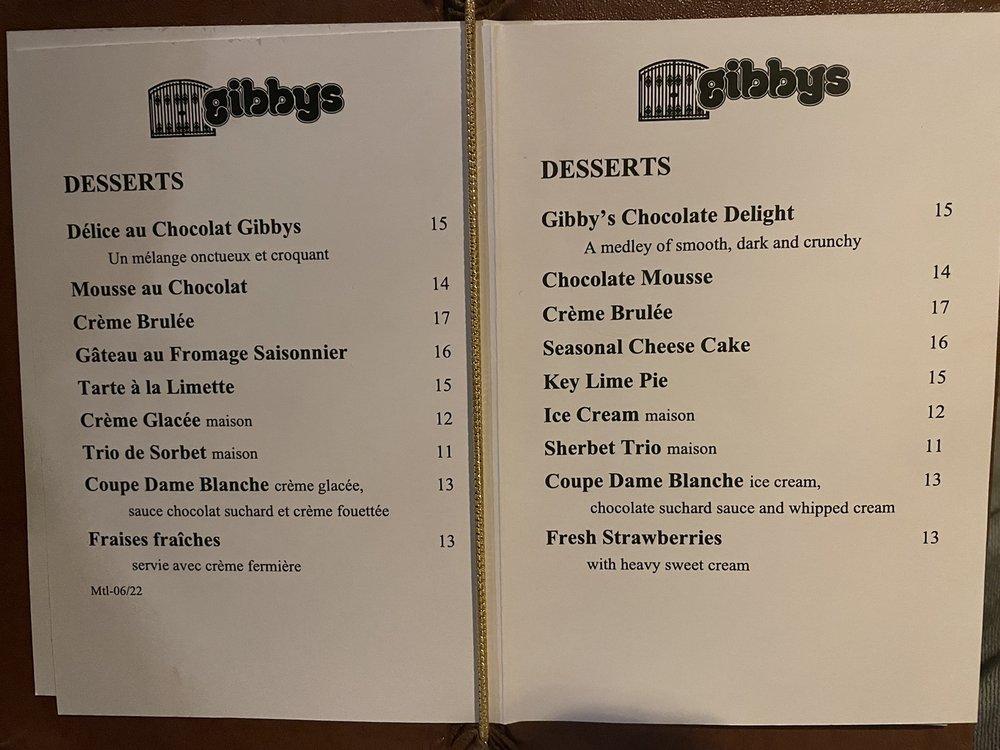 Menu au Gibbys restaurant à viande, Montréal