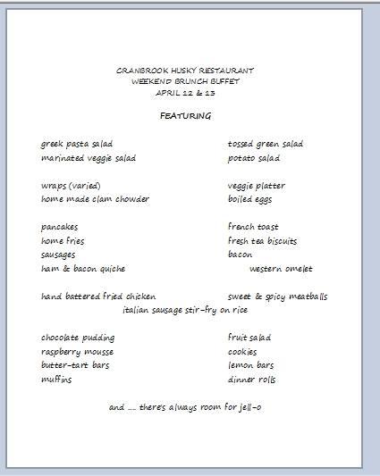 Menu at HUSKY restaurant, Cranbrook