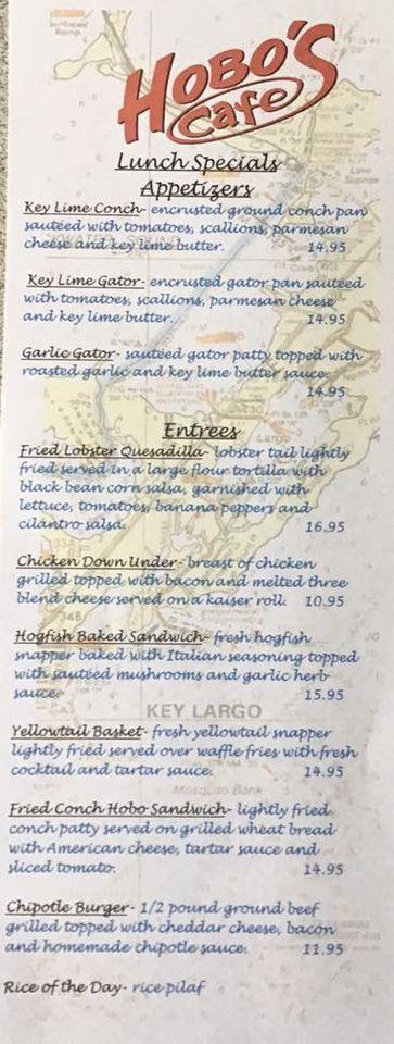 Menu at Hobo's Cafe, Key Largo, Overseas Hwy