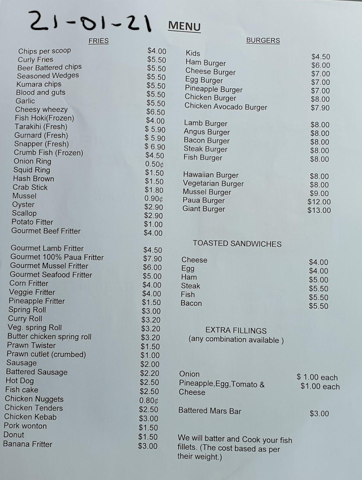 Menu at Island View Fish N Chips restaurant, Waihi Beach