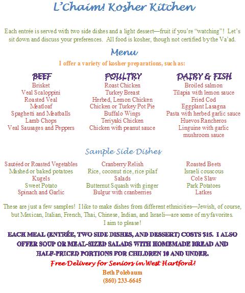Menu at L'Chaim Kosher Kitchen restaurant, West Hartford