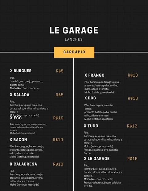 Carta del pub y bar Le Garage, Palhoça
