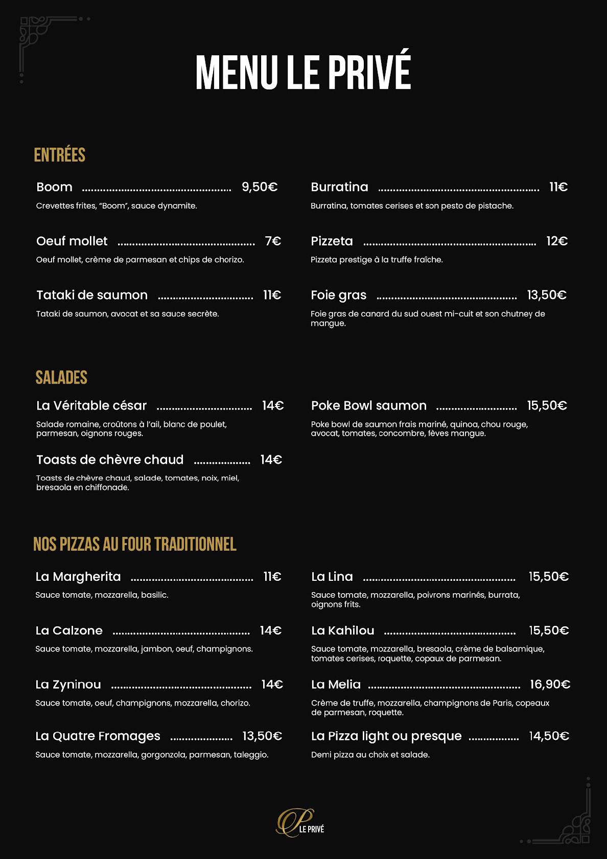 Menu at Le Privé restaurant, Poissy