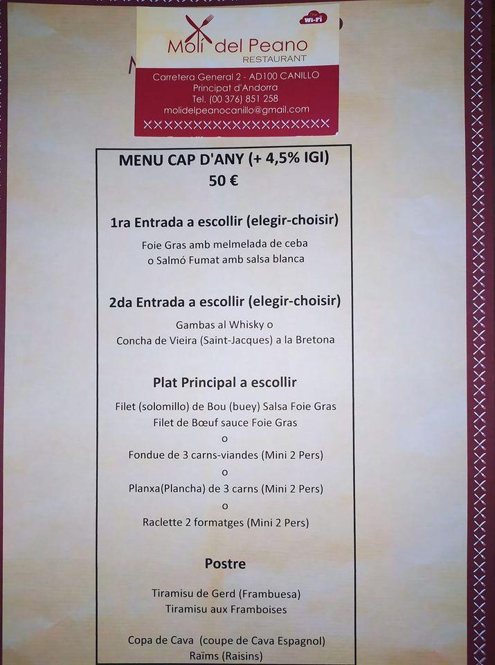Menu at Molí del Peano restaurant, Canillo