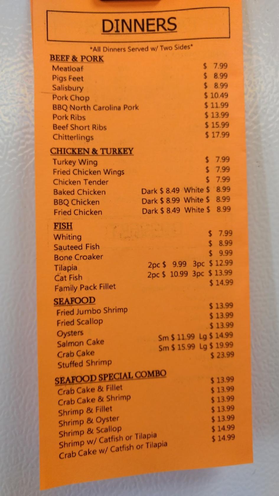 Menu at Suburban Seafood restaurant, Capitol Heights