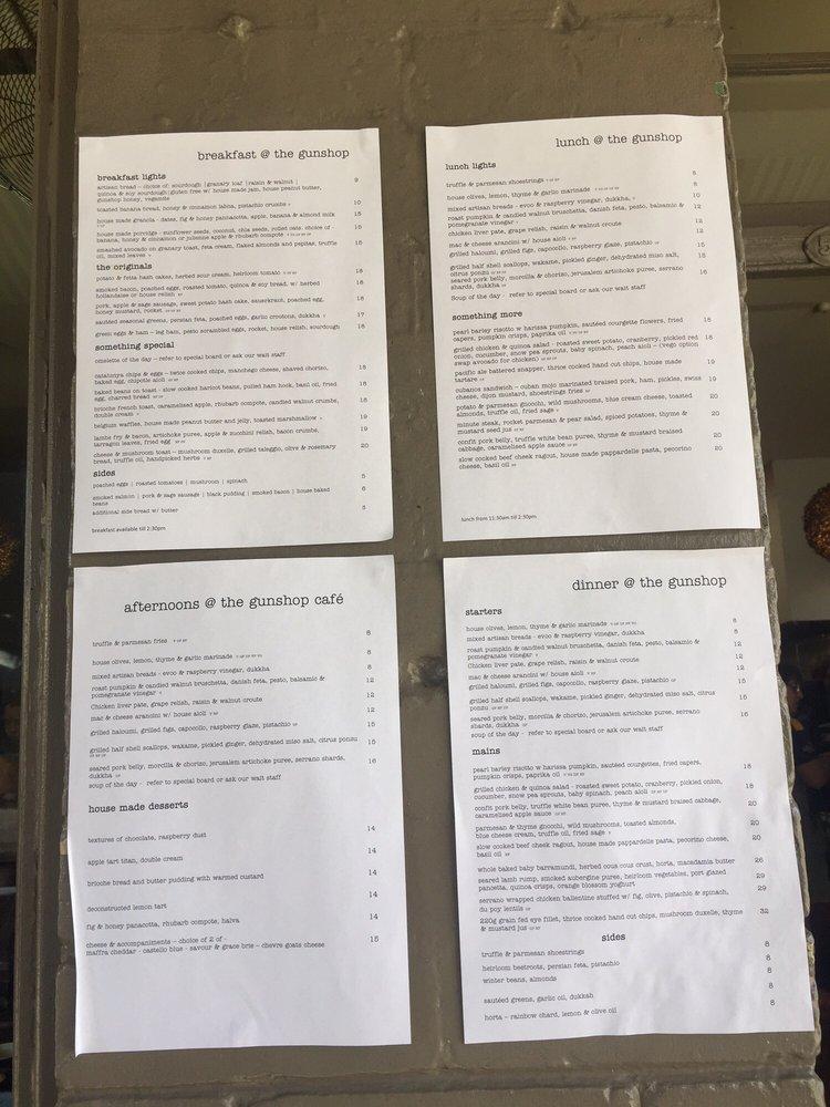 Menu at The Gunshop Cafe, West End