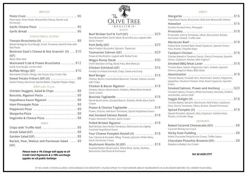 Menu at The Olive Tree Brasserie pizzeria, Budgewoi