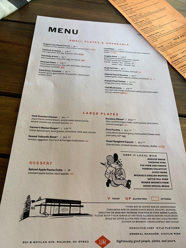 Menu at Wye Hill Kitchen & Brewing pub & bar, Raleigh