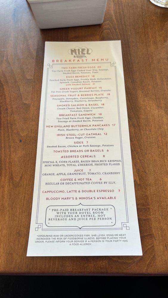 Menu at Miel Brasserie restaurant, Boston, 510 Atlantic Ave