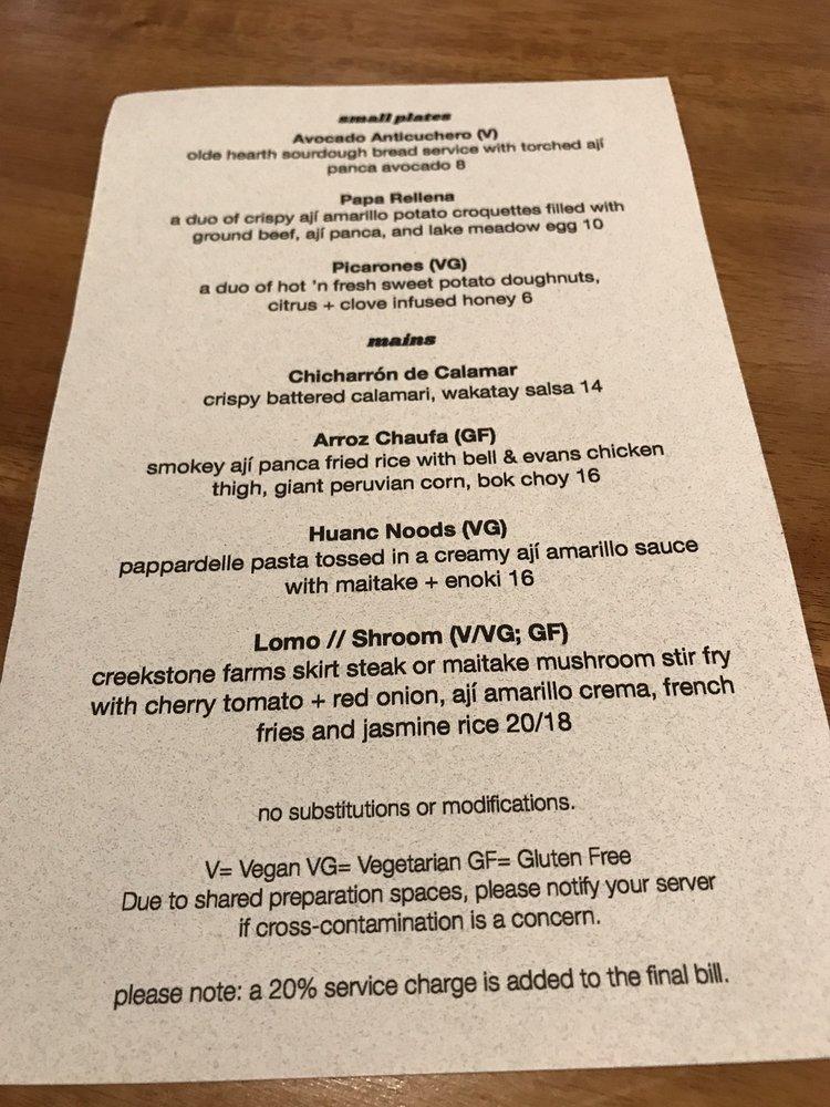 Menu at PAPA LLAMA restaurant, Orlando