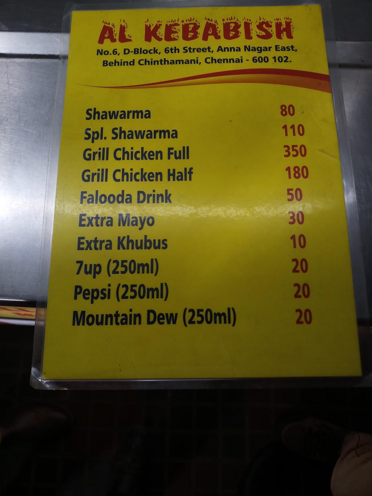 Menu at Al kebabish, Chennai, 36RF+89J