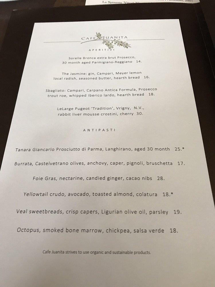 Menu at Cafe Juanita, Kirkland