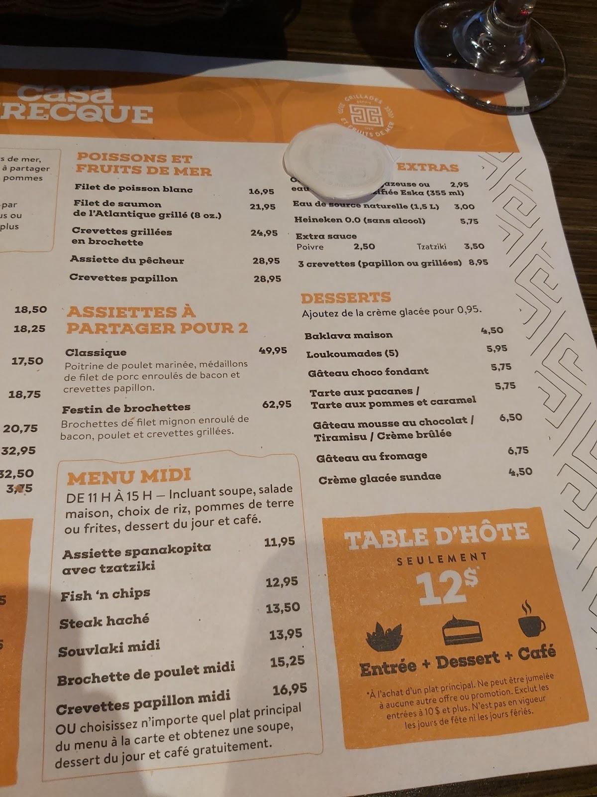 Menu au Casa Grècque BBQ, Drummondville