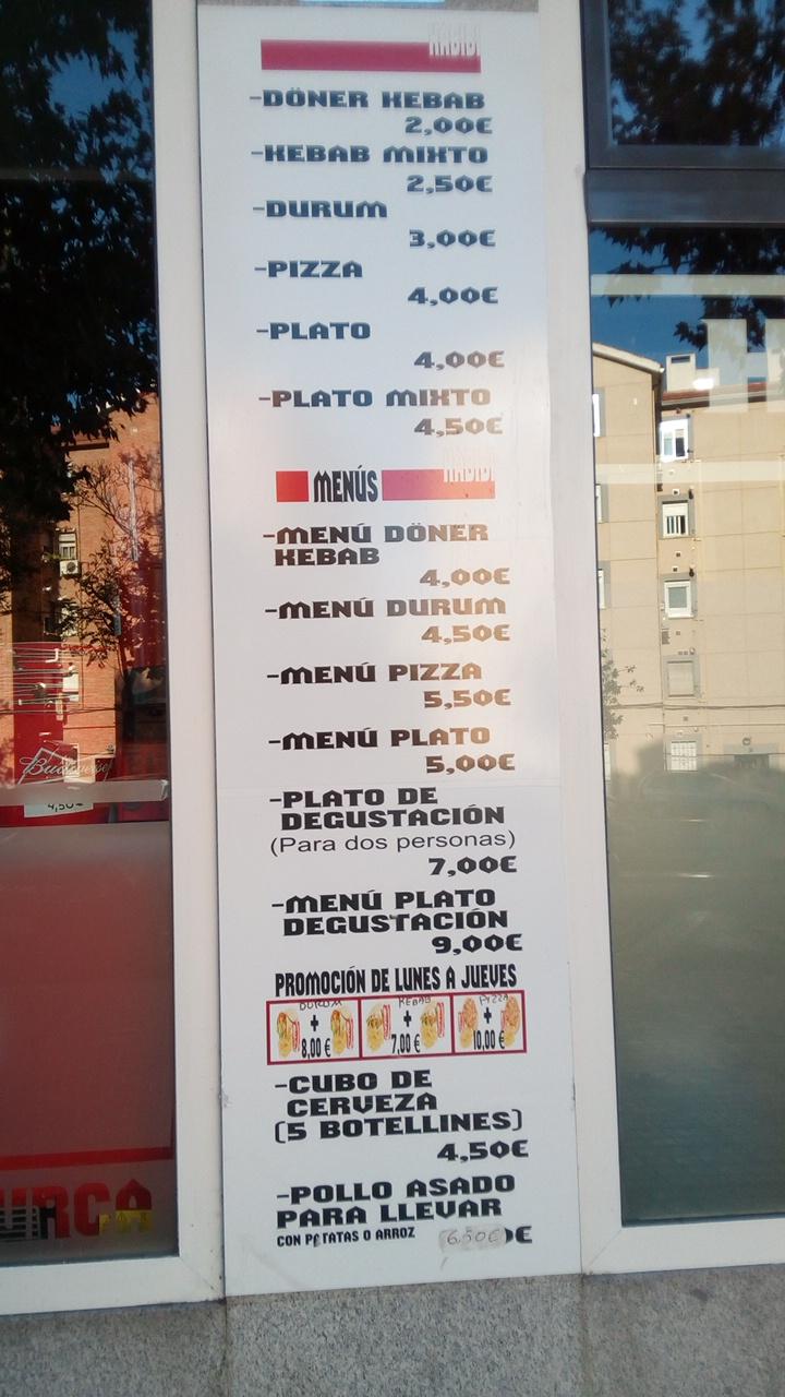 Carta del restaurante Doner Kebab Habibi, Móstoles