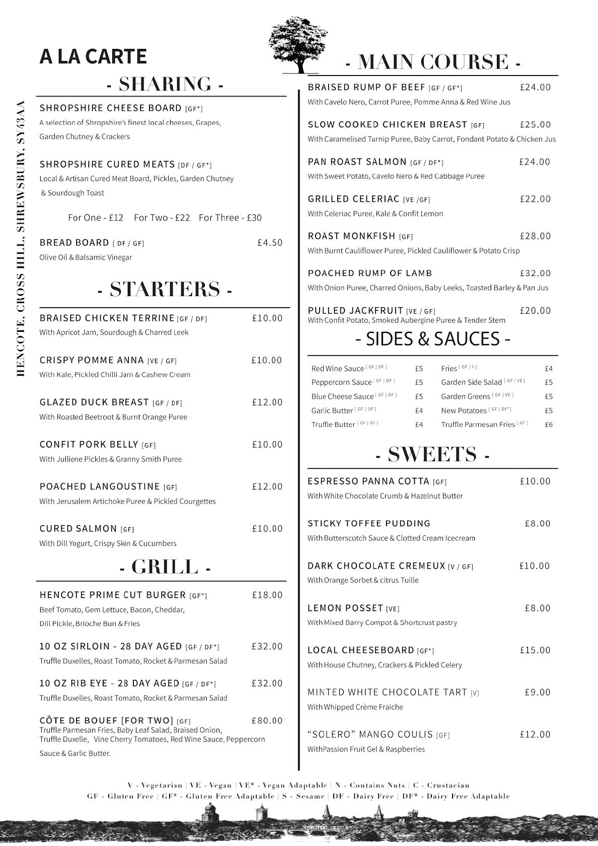 Menu at Hencote restaurant, Shrewsbury, Hencote Ln