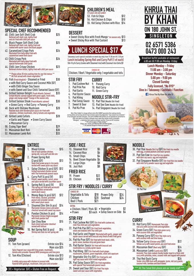 Menu at Khrua Thai Singleton restaurant, Singleton, 180 John St