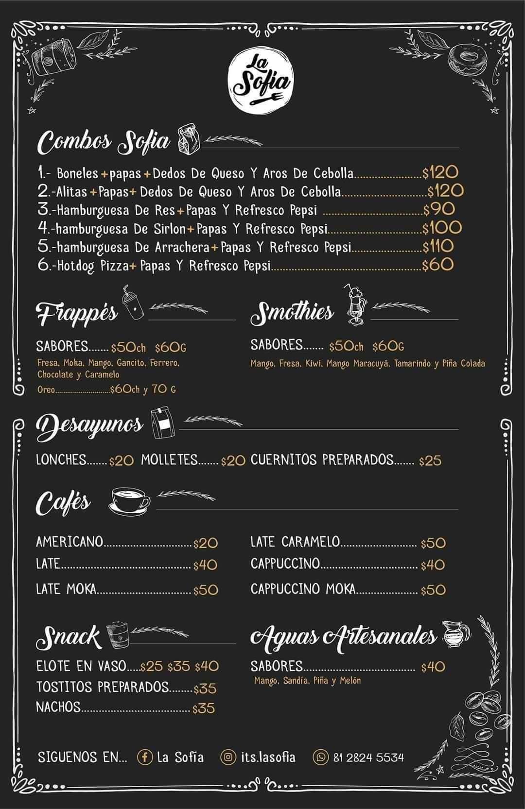 Menu at La Sofía cafe, Ciénega de Flores