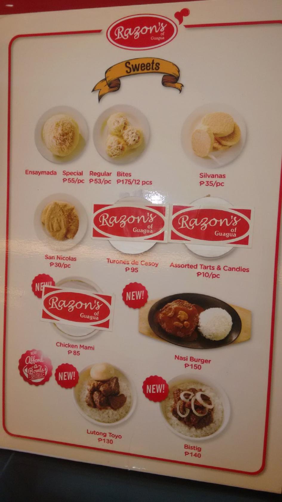 Menu at Razon's restaurant, Quezon City, H3R6+93G