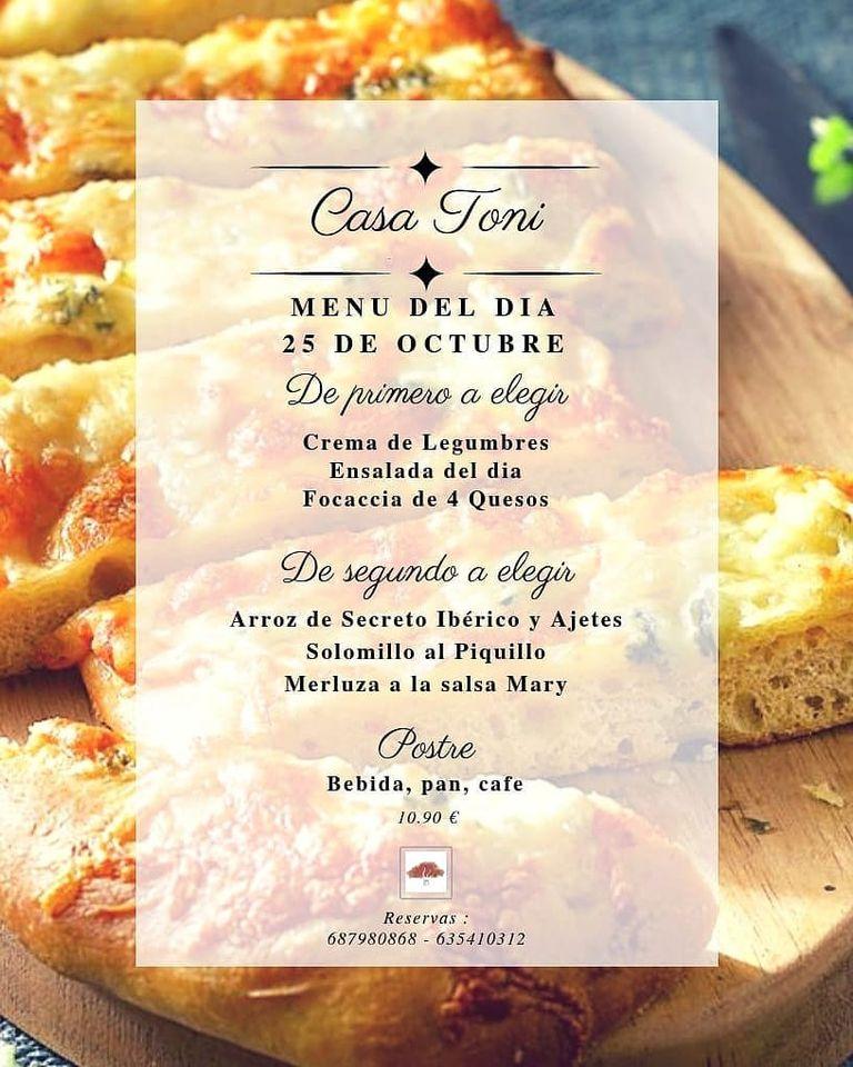 Carta del restaurante Casa Toni, Paterna, Carrer del Comte del Montornès