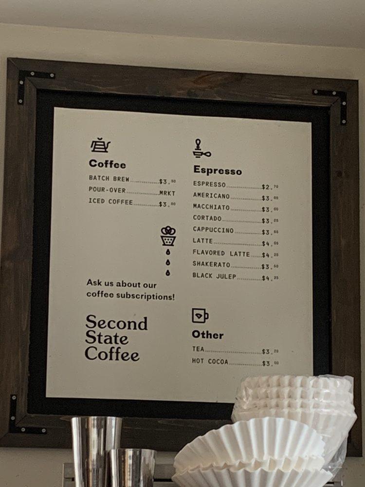 Menu at Second State Coffee cafe, Charleston, 70.5 Beaufain St
