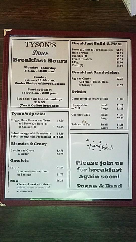 Menu at Tyson's Diner restaurant, Beardstown