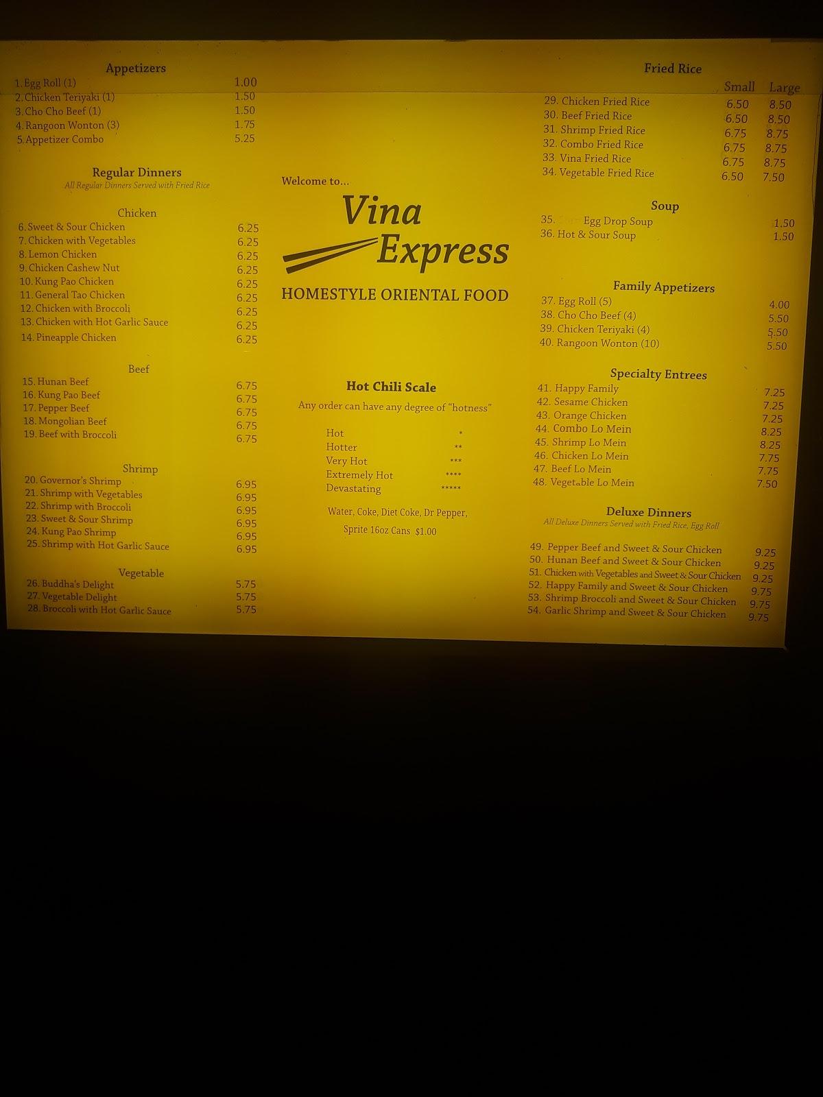 Menu at Vina Express restaurant, Sherwood