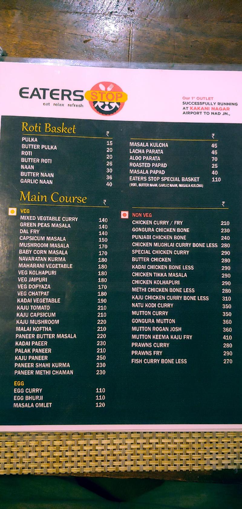 Menu at Eaters Stop Restaurant 4th Town, Visakhapatnam, After Port Stadium