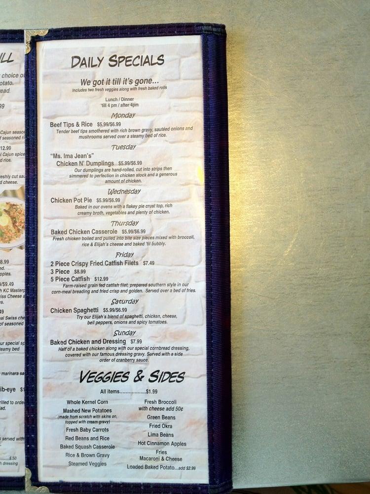 Menu at Elijah's Cafe, Woodville